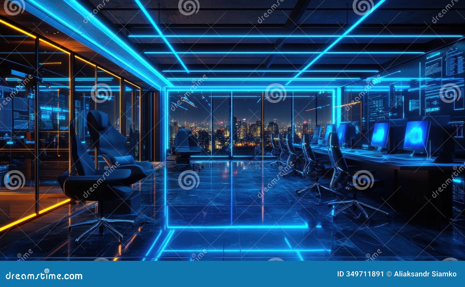 Tech Headquarters with Glowing Blue Patterns in a Cyberpunk Style Stock ...