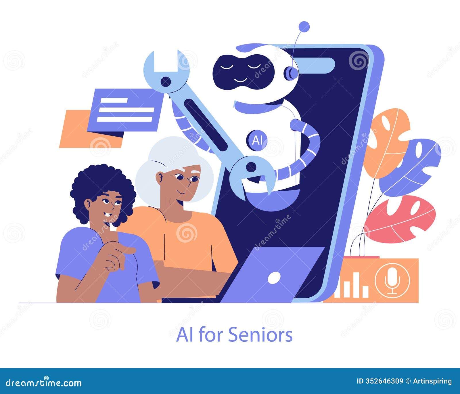 Tech Help Across Generations. Flat Stock Illustration - Illustration of ...