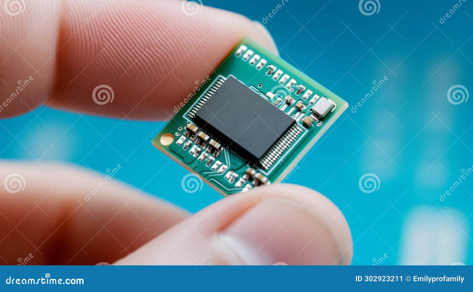 Tech Innovation: Hand with Microchip on Blue Stock Image - Image of ...