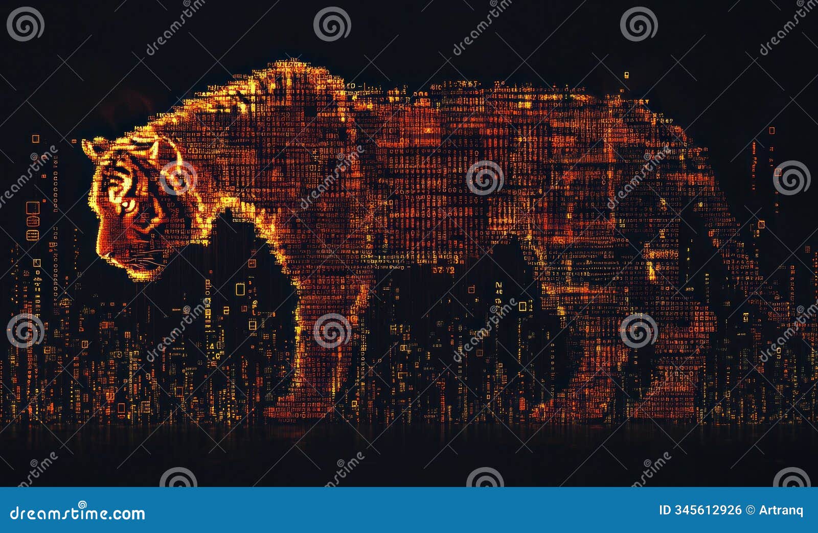 Digital Tiger Silhouette with Glowing Code Effect Stock Illustration ...