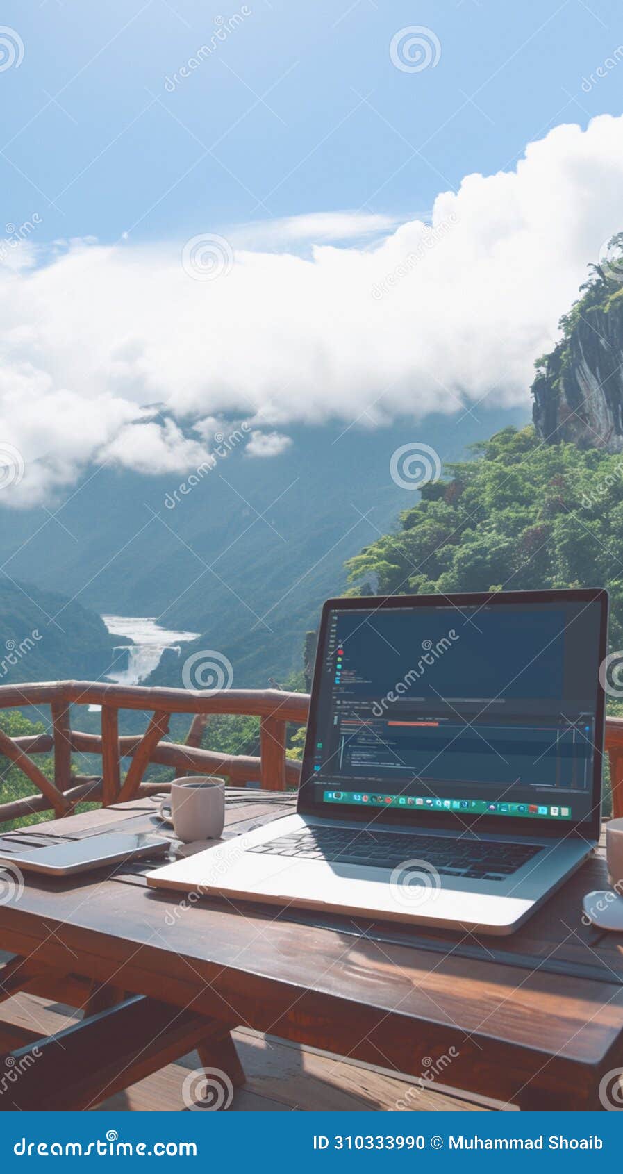 Tech Meets Nature Computer Setup Against Serene Mountain and River ...