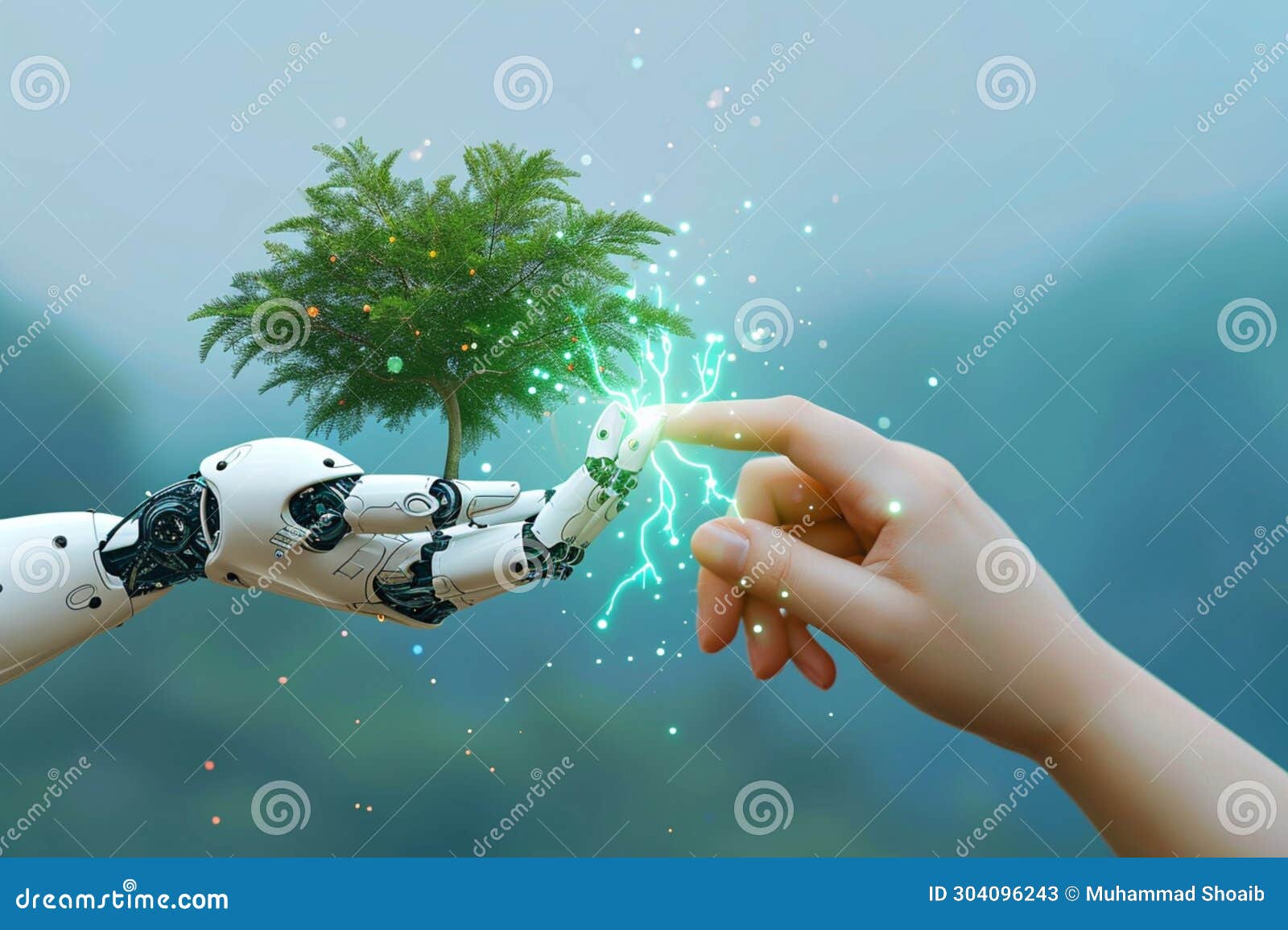 Tech Nature Bond Robotic Hands and Human Hand Cradle a Tree Stock ...