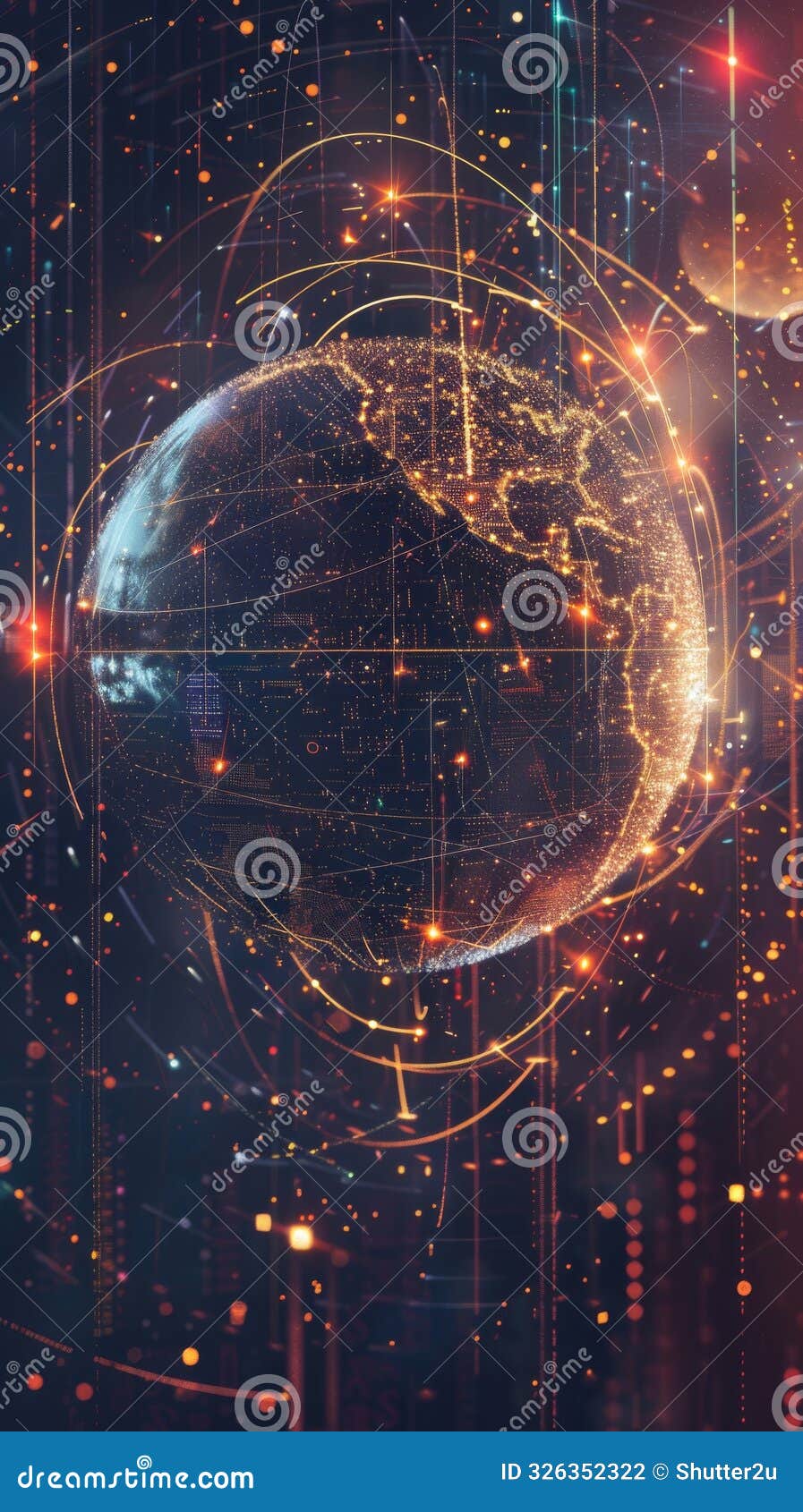 A Tech Node Planet Wrapped in Glowing Data Lines Embodying the ...