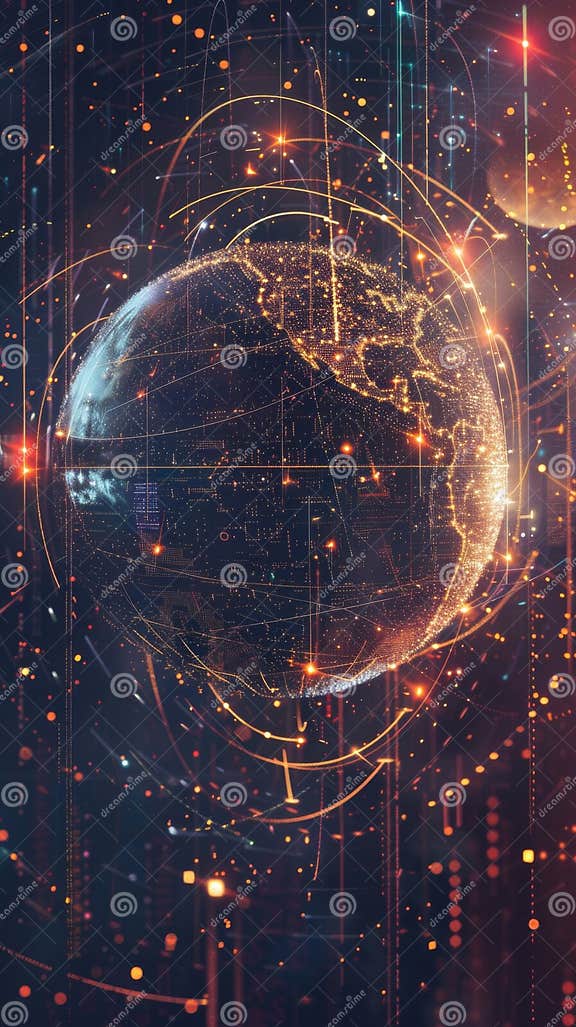 A Tech Node Planet Wrapped in Glowing Data Lines Embodying the ...