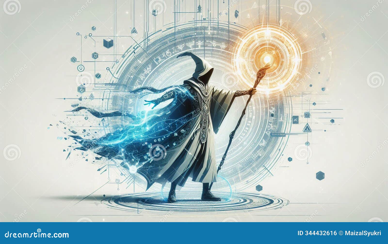 Tech-Powered Wizard Summoning Energy Barrier, Protecting Artifact Stock ...