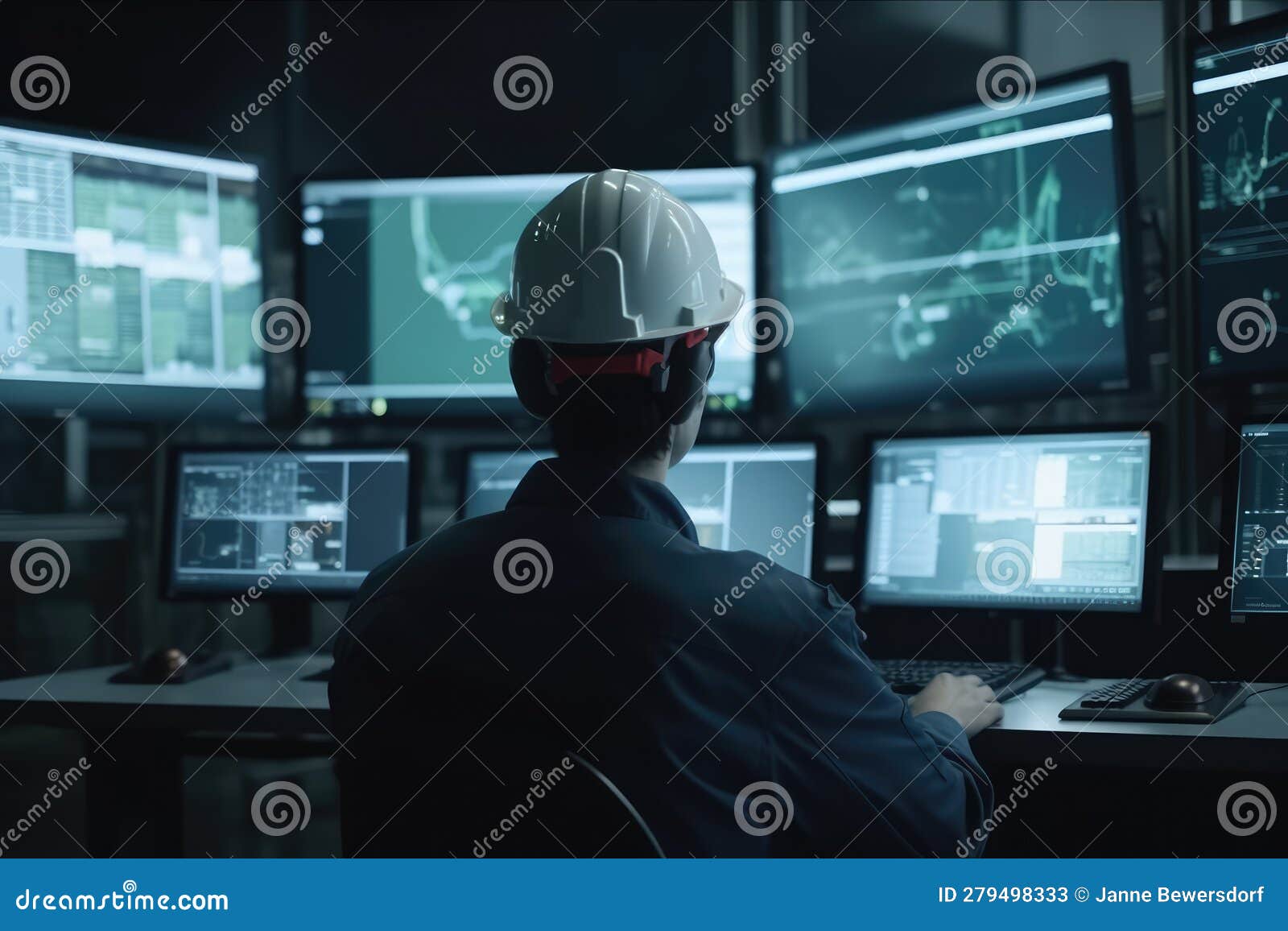 Tech-Ready Engineer: Back View in Safety Helmet and Uniforms, Handling ...