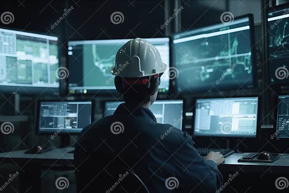 Tech-Ready Engineer: Back View in Safety Helmet and Uniforms, Handling ...