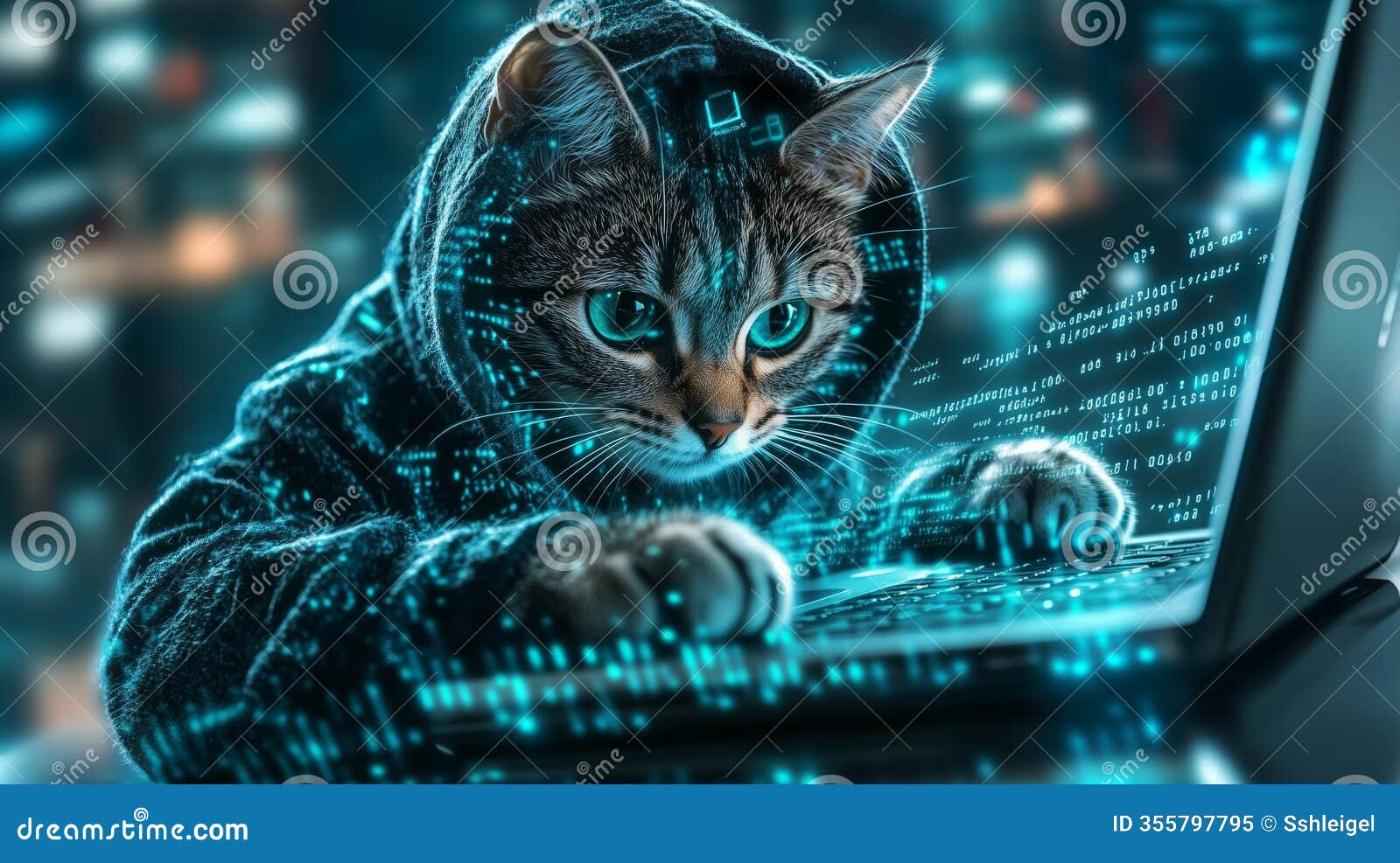 Tech-savvy Cat Wears Hoodie and Types on Laptop while Coding in a ...