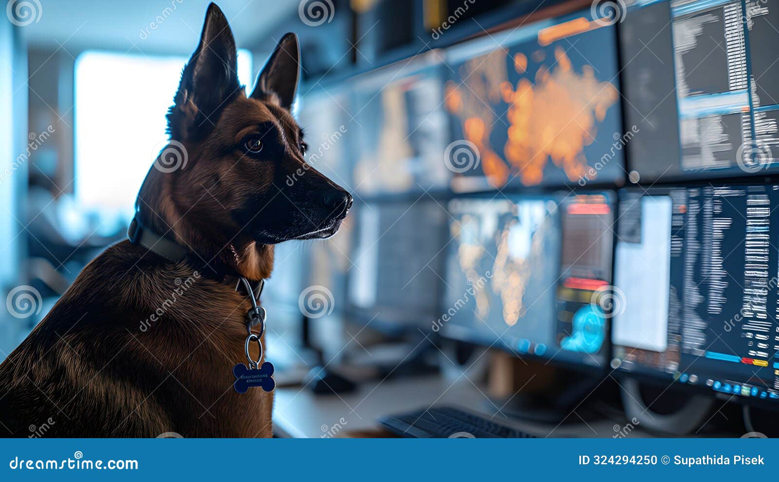 A German Shepherd Attentively Looks at Multiple Computer Screens ...