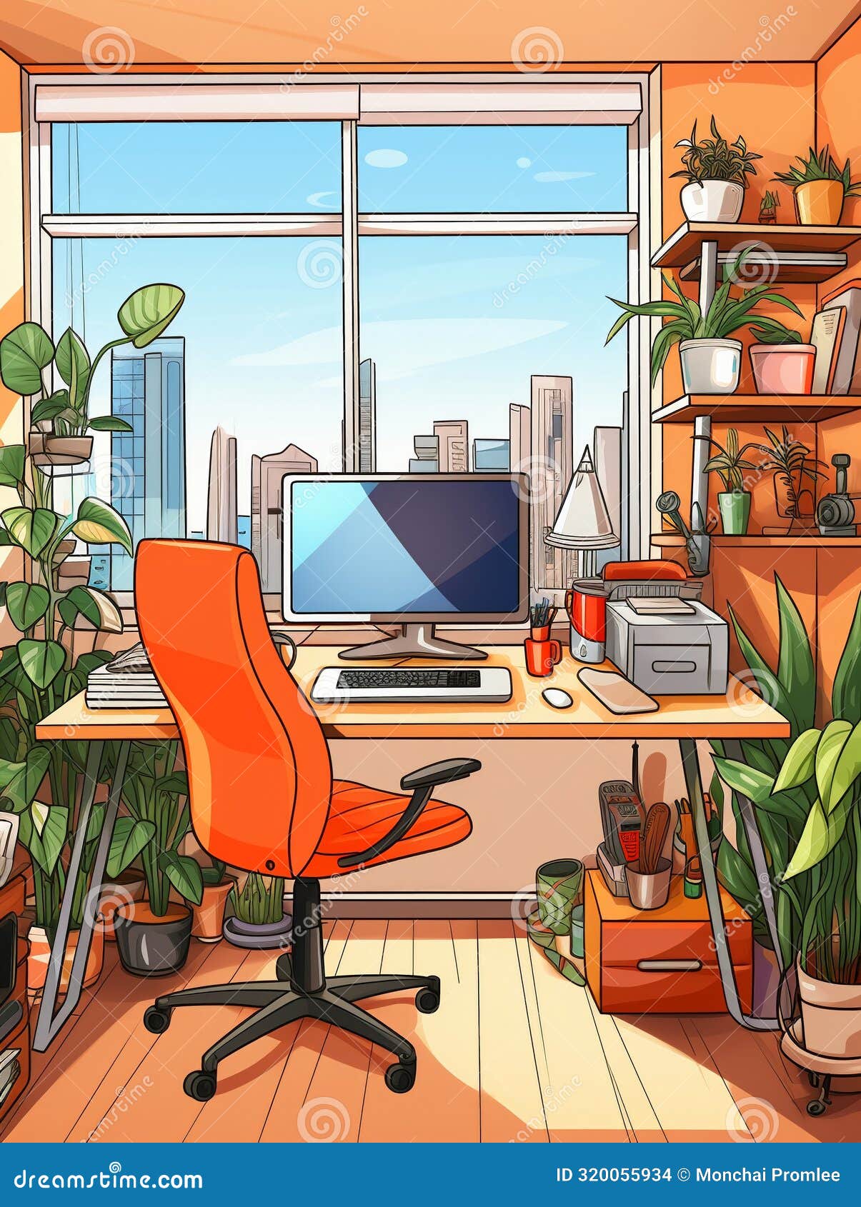 Tech-savvy Home Office for Virtual Work, Flat Design, Front View ...