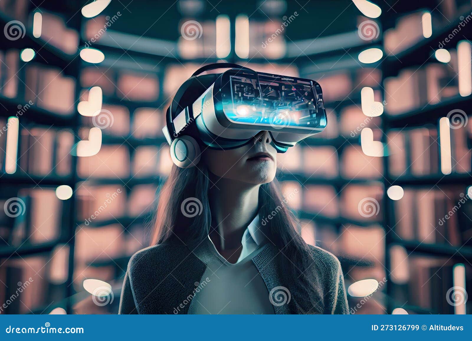 Tech-savvy Librarian Working with Virtual Reality Headset in Futuristic ...