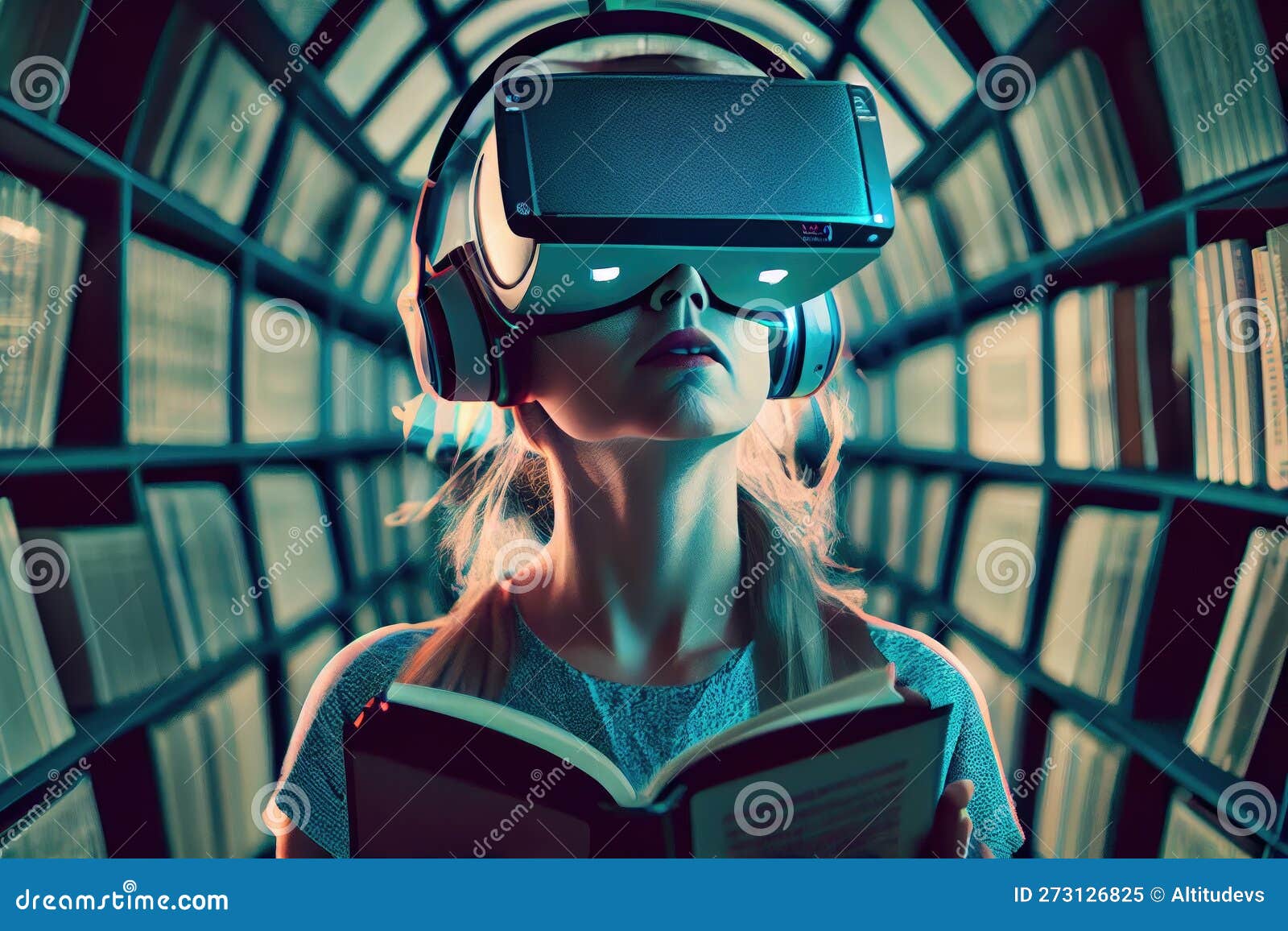 Tech-savvy Librarian Working with Virtual Reality Headset in Futuristic ...