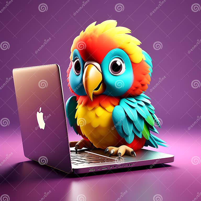 Tech-Savvy Parrot: a Cute 3D Render of a Parrot Using a Laptop on a ...
