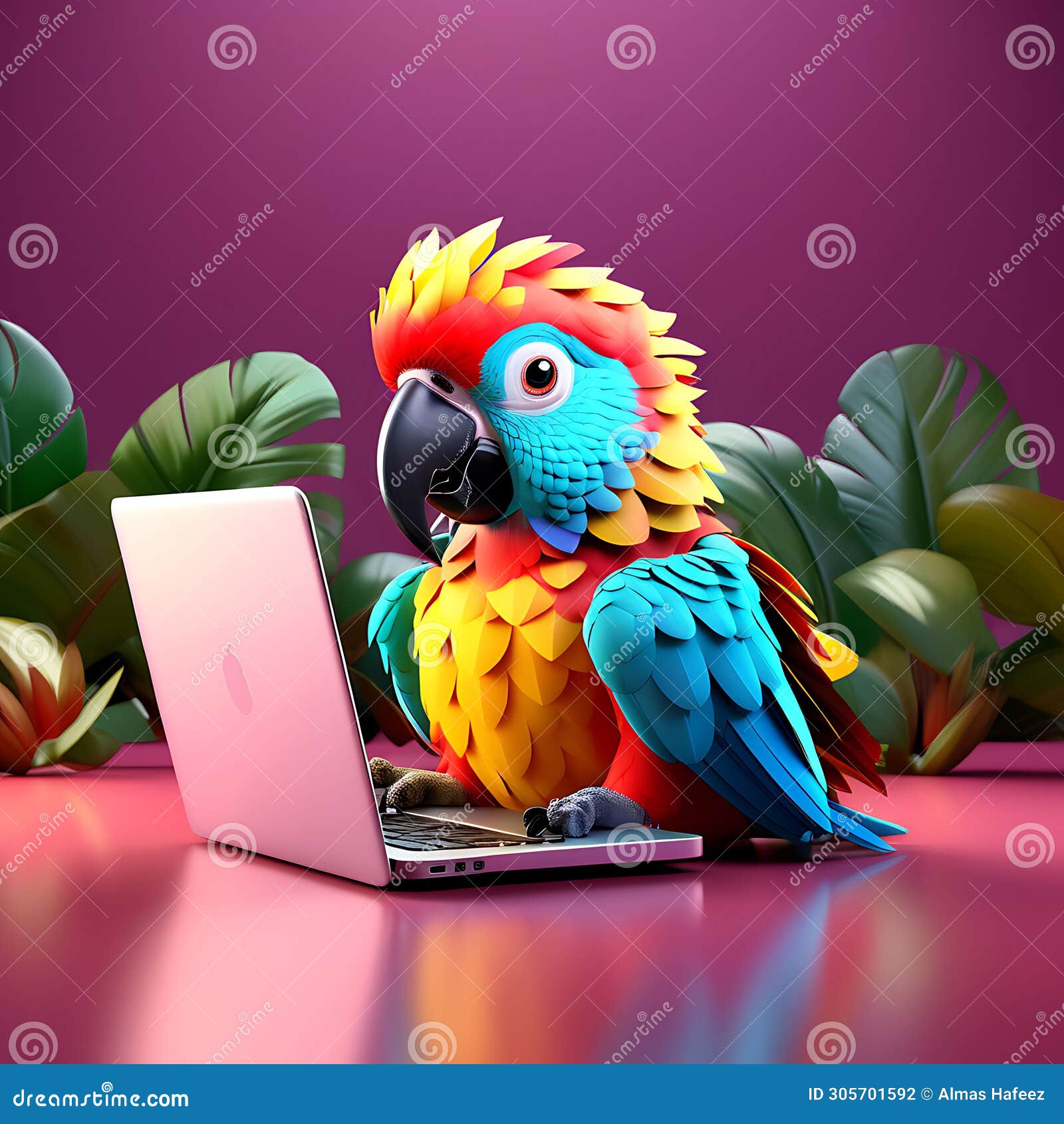 Tech-Savvy Parrot: 3D Rendered Cartoonish Image of a Parrot Using a ...