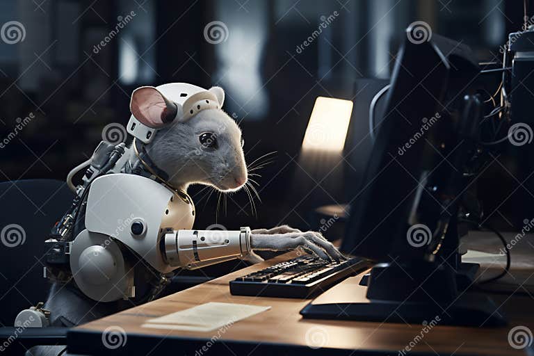 A Tech-savvy Robot Rodent Mouse Working from Home on a Laptop Computer ...