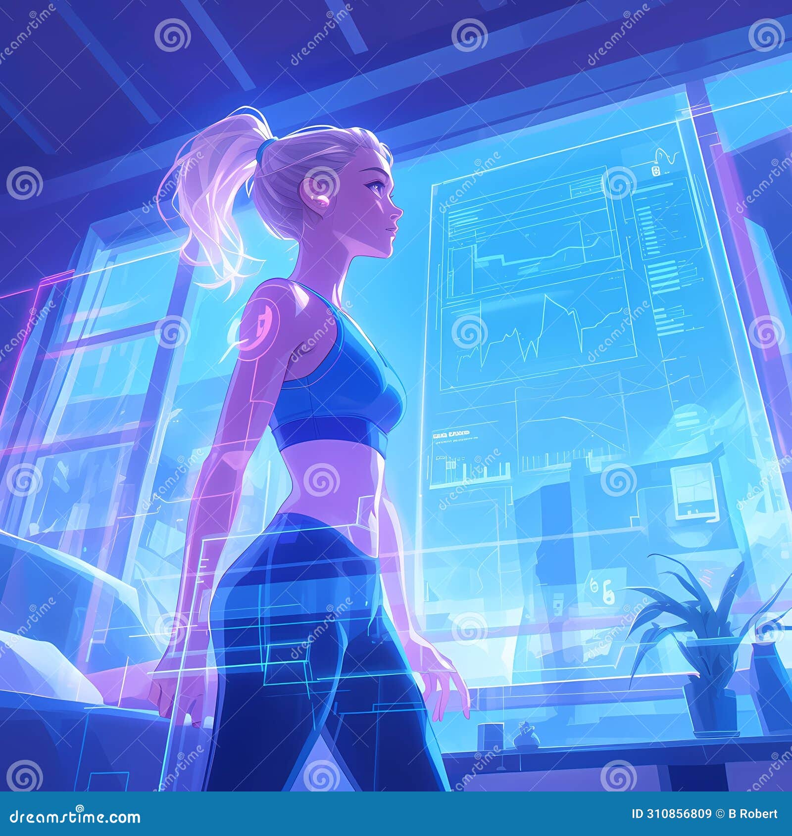 Tech-savvy Woman Immersed in Digital Data Analysis. Stock Illustration ...