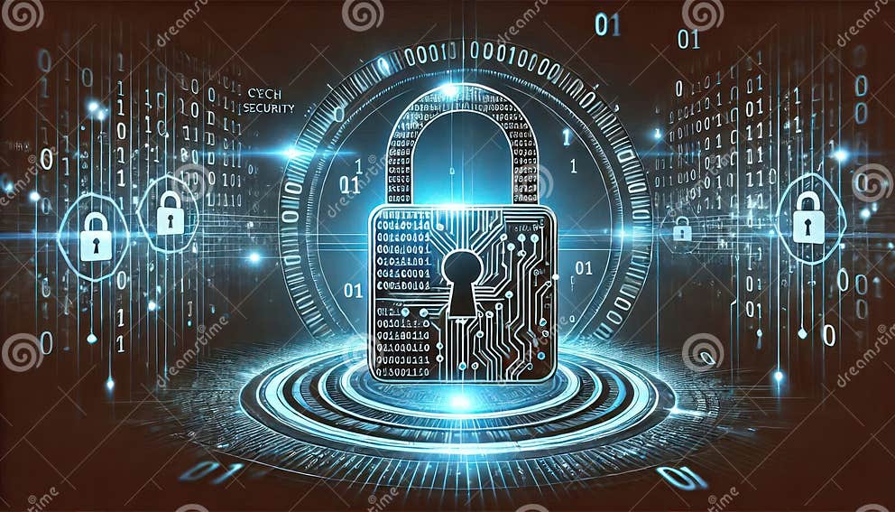 Tech Security. Digital Lock with Binary Code, Dark Background, Blue Highlights, Cybersecurity ...