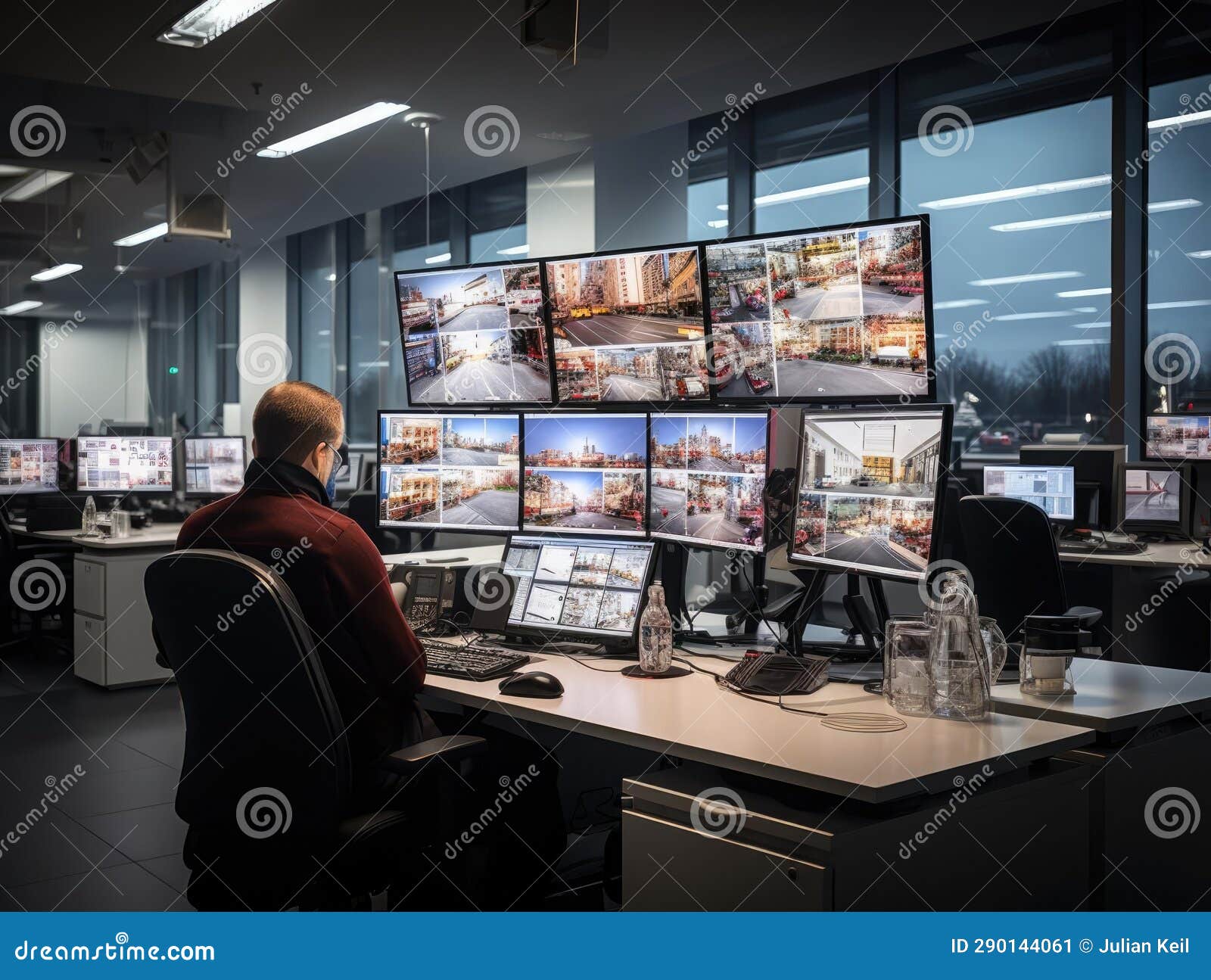 Tech Security Station with Multiscreen Surveillance System Stock Illustration - Illustration of ...