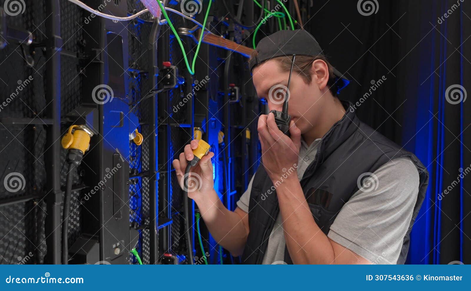 Close Up Worker Checking Big Led Screen Panels Wires. Technician ...