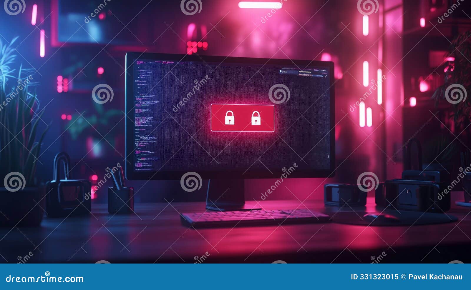 Tech Setup Shows a Security Alert on a Computer Screen Surrounded by ...