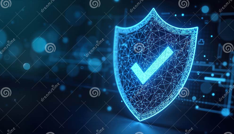 Tech Shield Secures Data. Digital Wireframe Shield Shows Security with Checkmark. Modern Tech ...