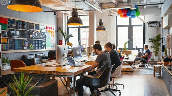 A Tech Startup Team Working Collaboratively at a Communal Table Stock ...
