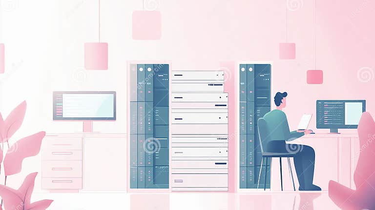 Tech Support are Adding New Server in Server Room, Flat Style, Pastel ...