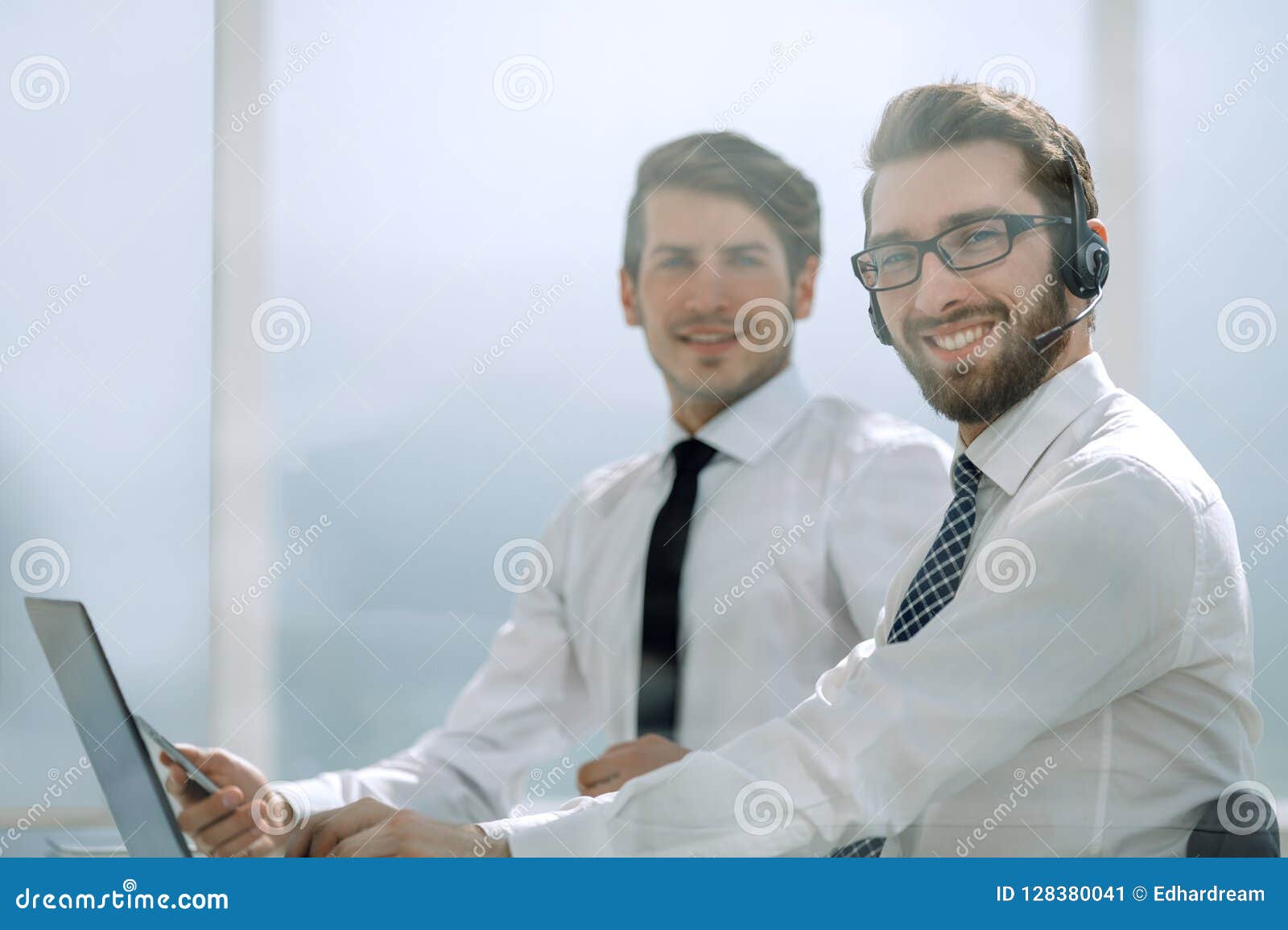 Tech Support Manager in Headset Consulting a Client Stock Image - Image ...