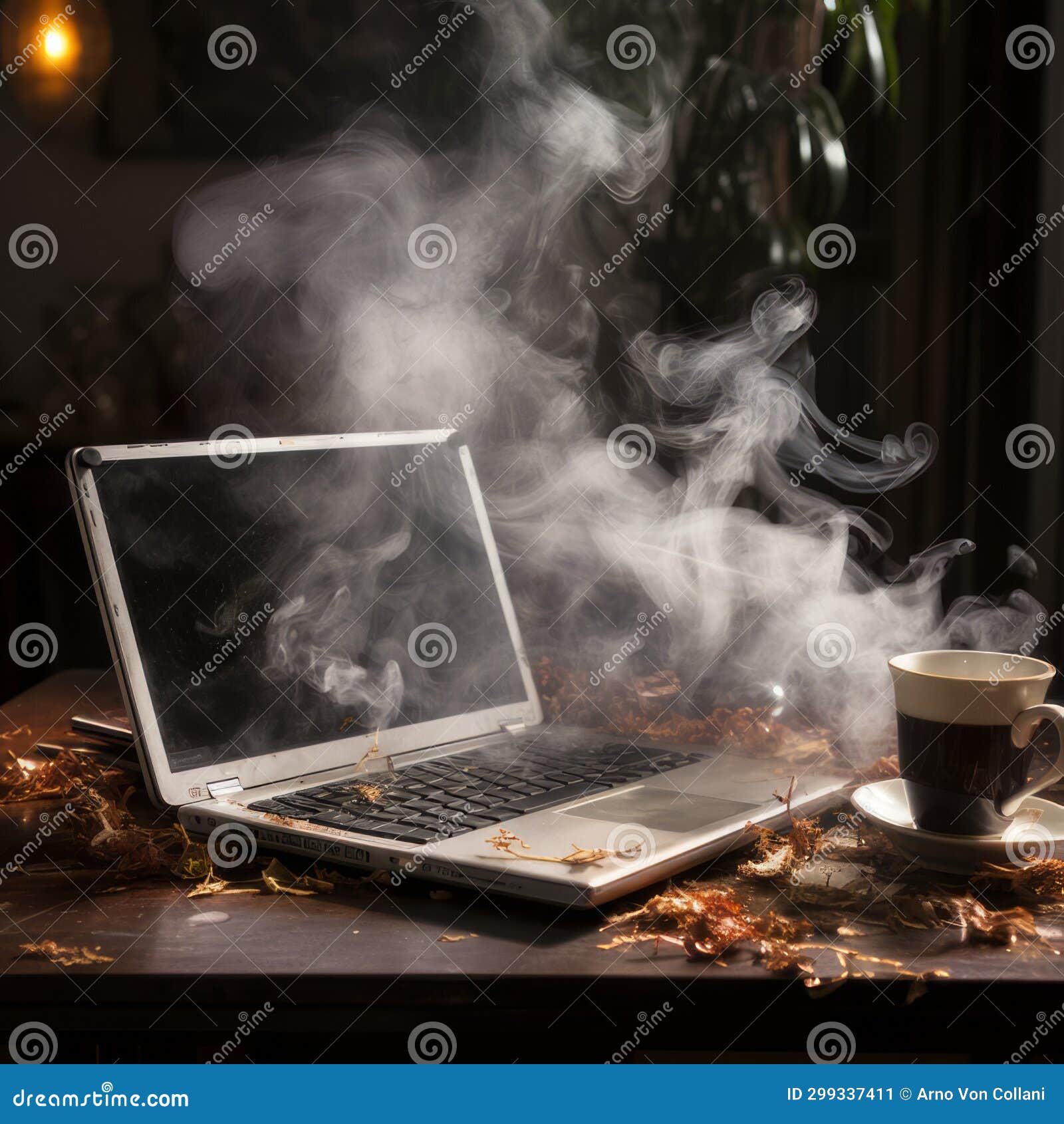 Tech Turmoil: Smoking Laptop Amidst Office Desk Disarray Stock ...