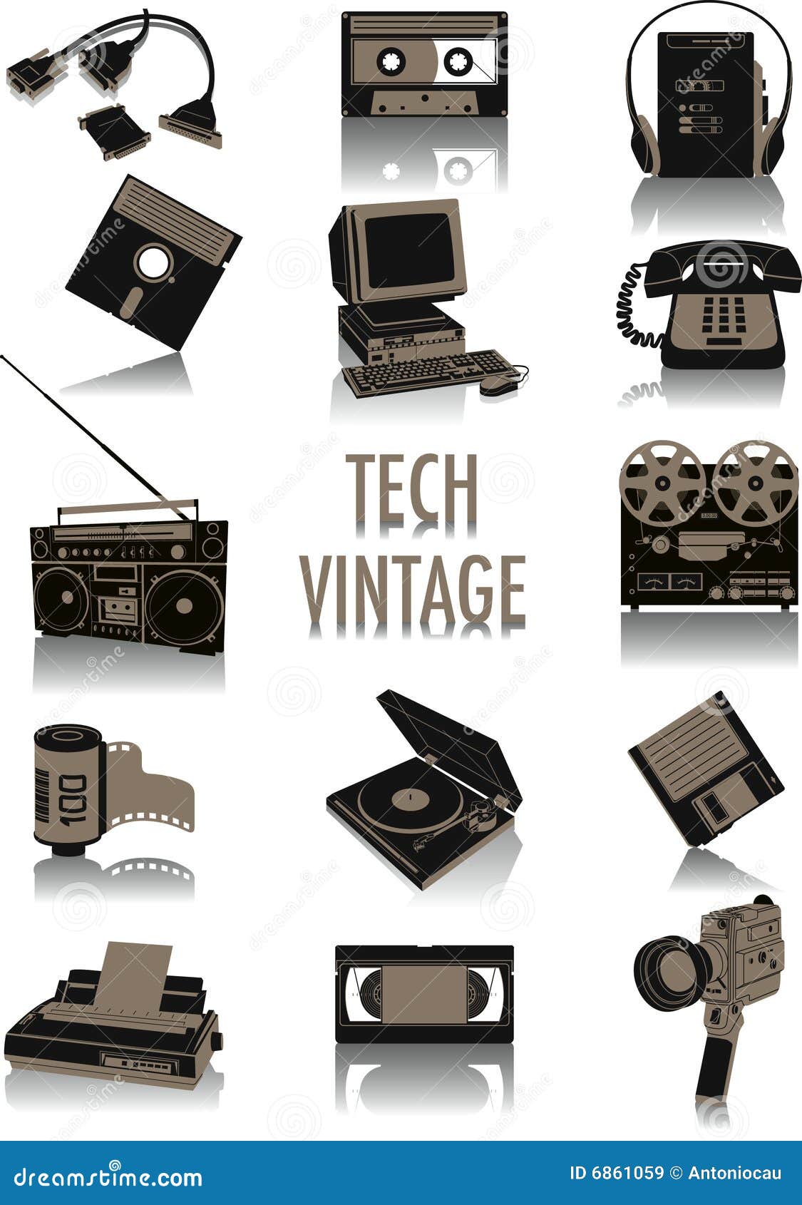 Tech-vintage silhouettes stock illustration. Illustration of floppy ...