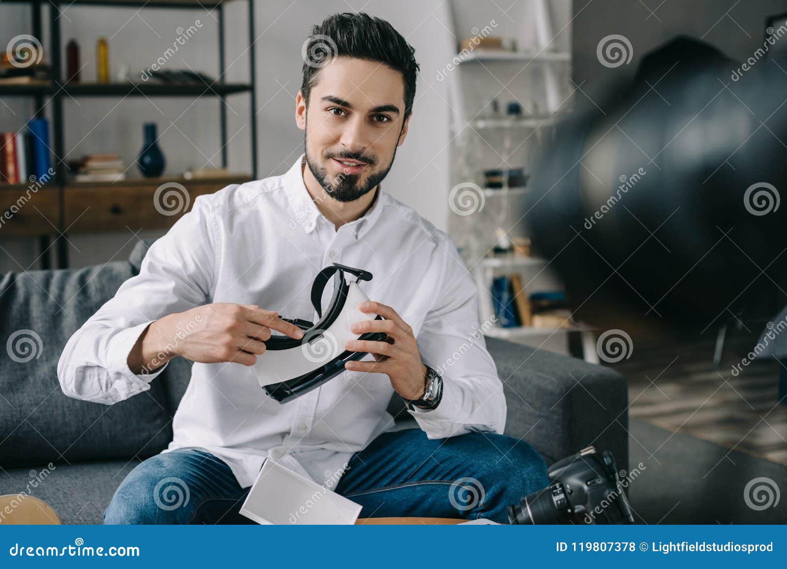 Tech Vlogger Recording New Content about Virtual Stock Photo - Image of ...