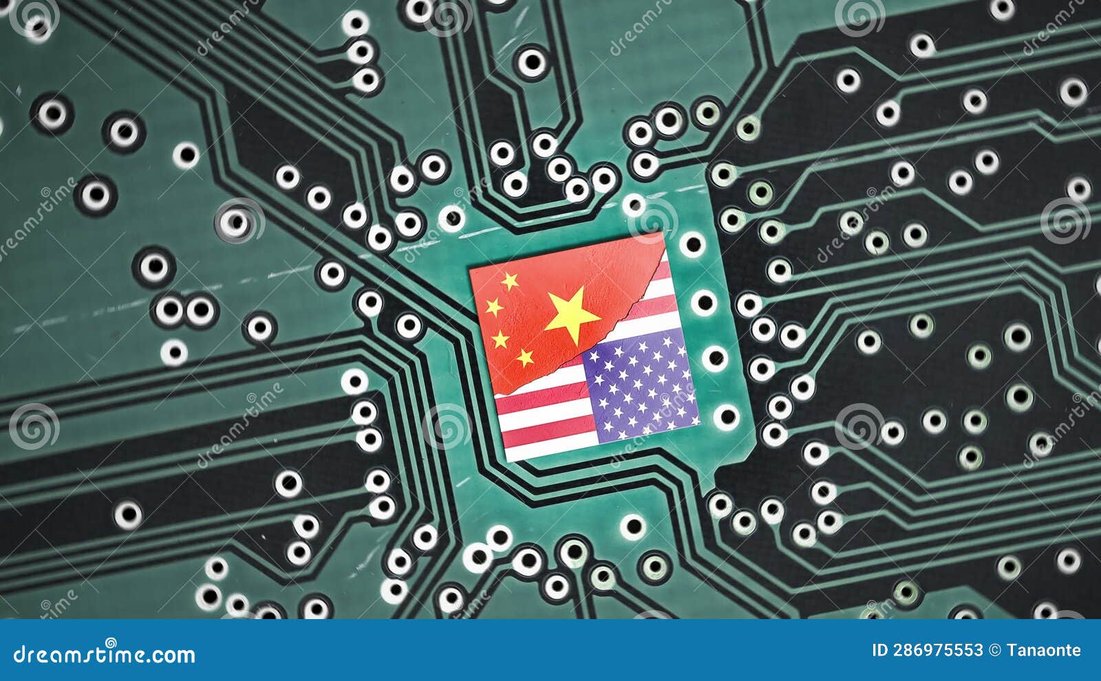 Tech War between China and the USA. Flag of USA and China on a ...