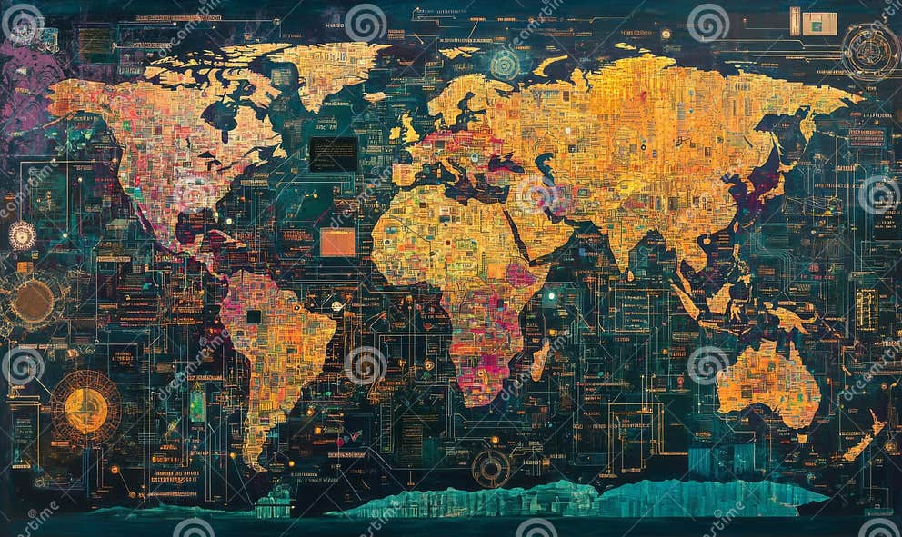 The Tech World Map Emphasizes Global Network Computing and Artificial Intelligence Connectivity ...