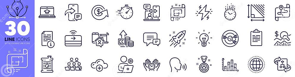 Technical Algorithm, Cloud Computing and Startup Rocket Line Icons Pack. for Web App. Vector ...