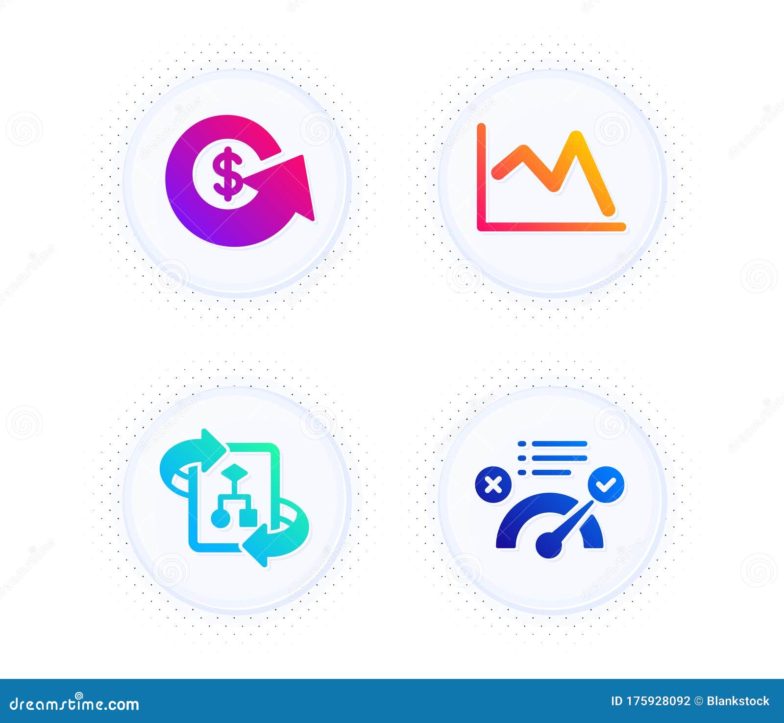 Technical Algorithm, Dollar Exchange and Line Chart Icons Set. Correct ...