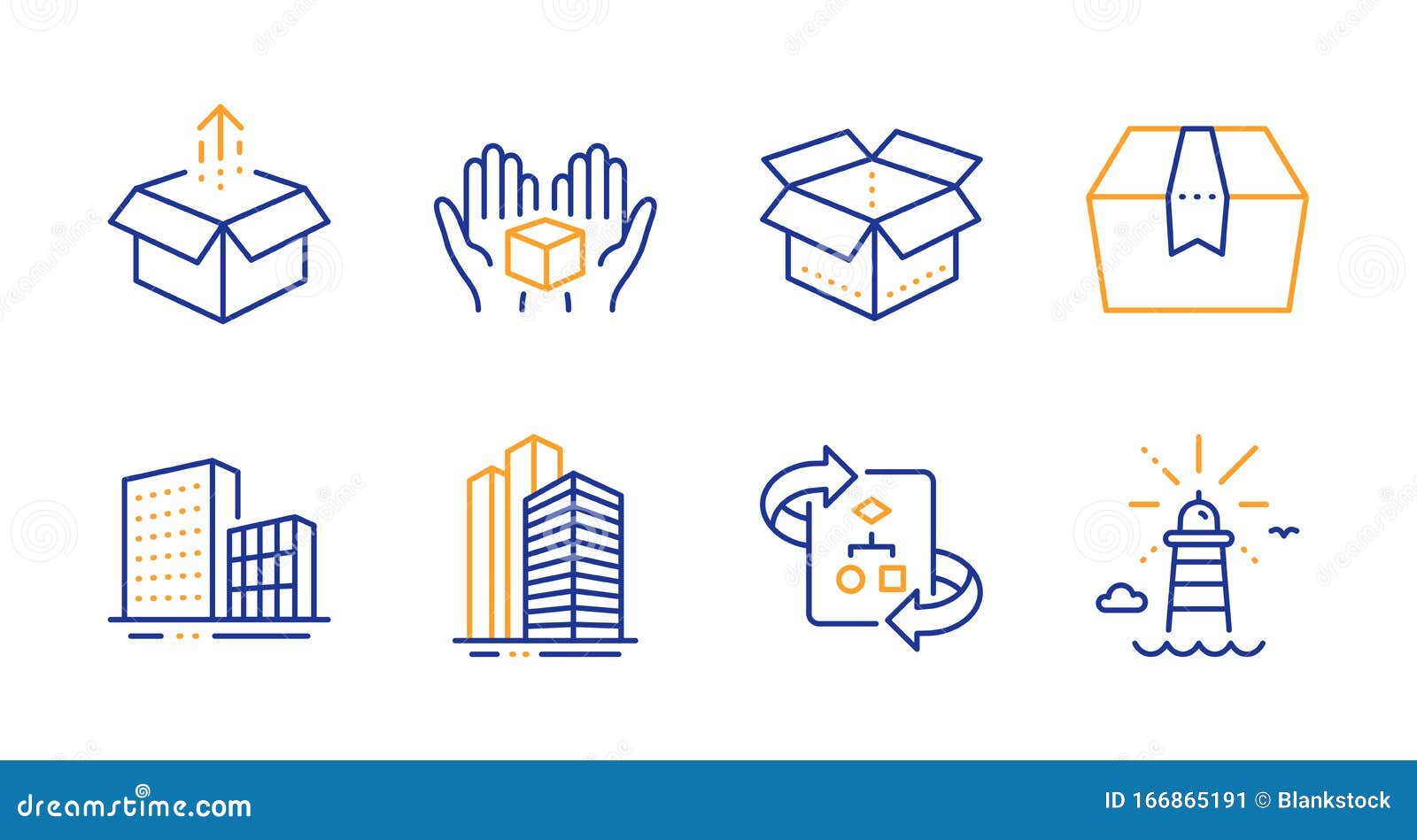 Technical Algorithm, Skyscraper Buildings and Open Box Icons Set. Send Box, Buildings and ...