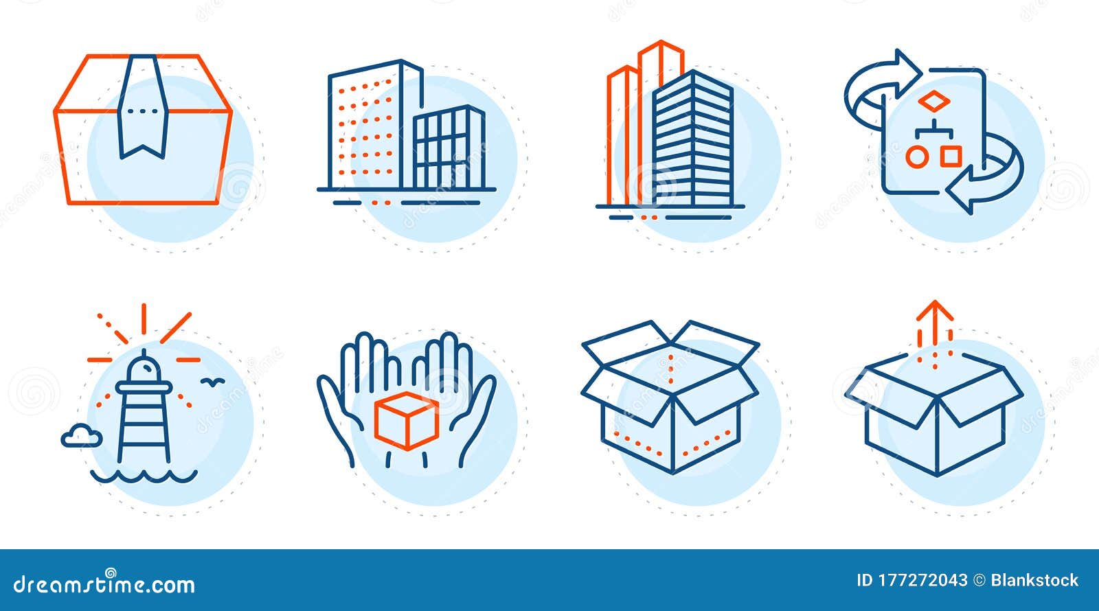 Technical Algorithm, Skyscraper Buildings and Open Box Icons Set. Send Box, Buildings and ...