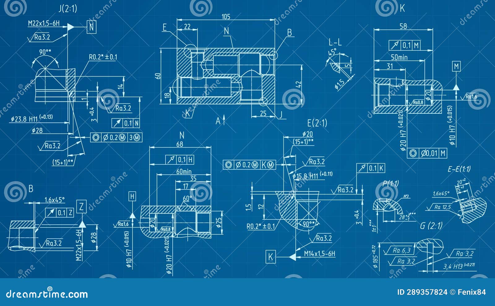 Technical Background. Vector Sketch. Set Of Cut Parts With Holes And ...
