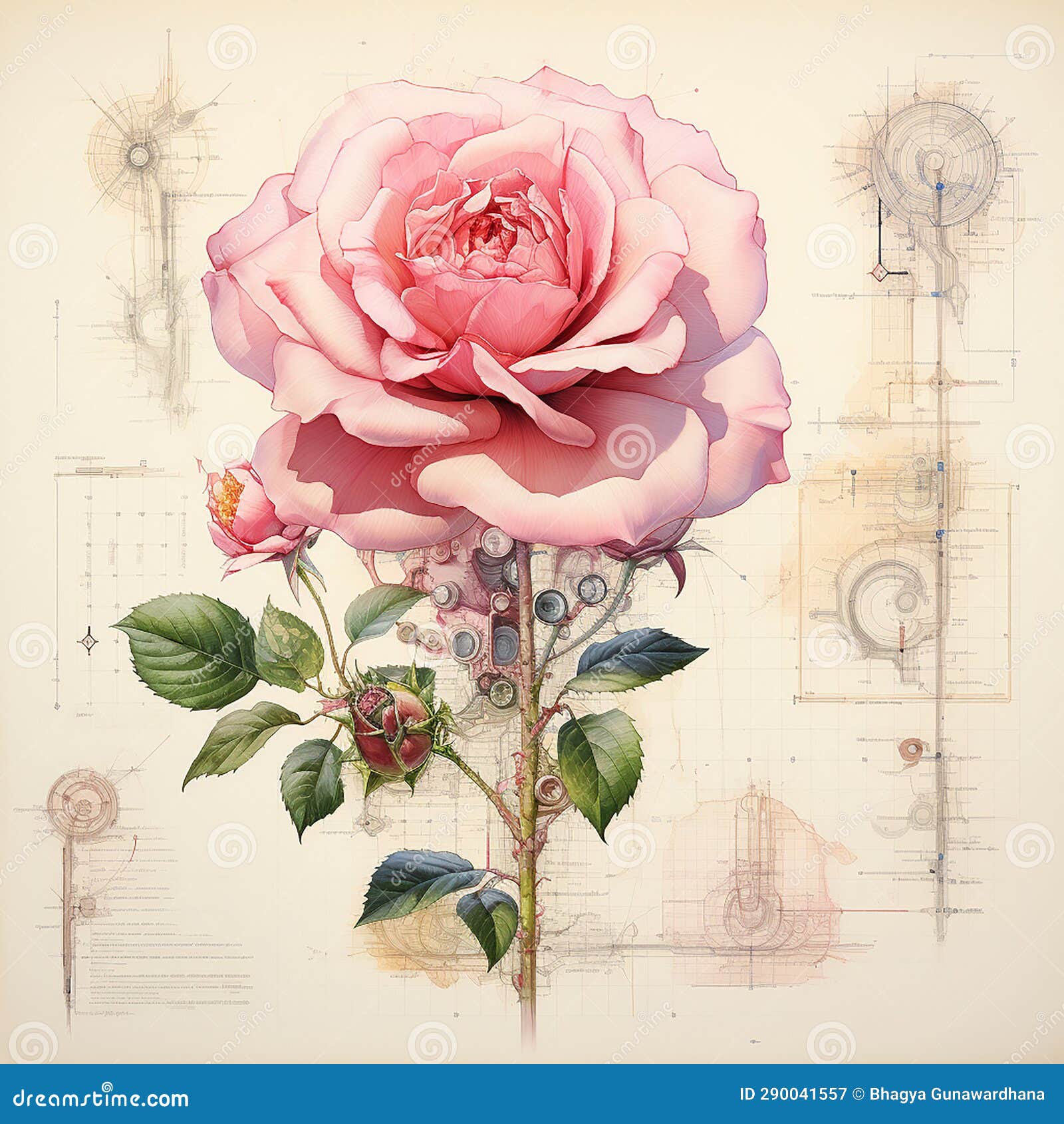 Technical Blueprint Drawing Of A Light Pink Rose Royalty-Free ...