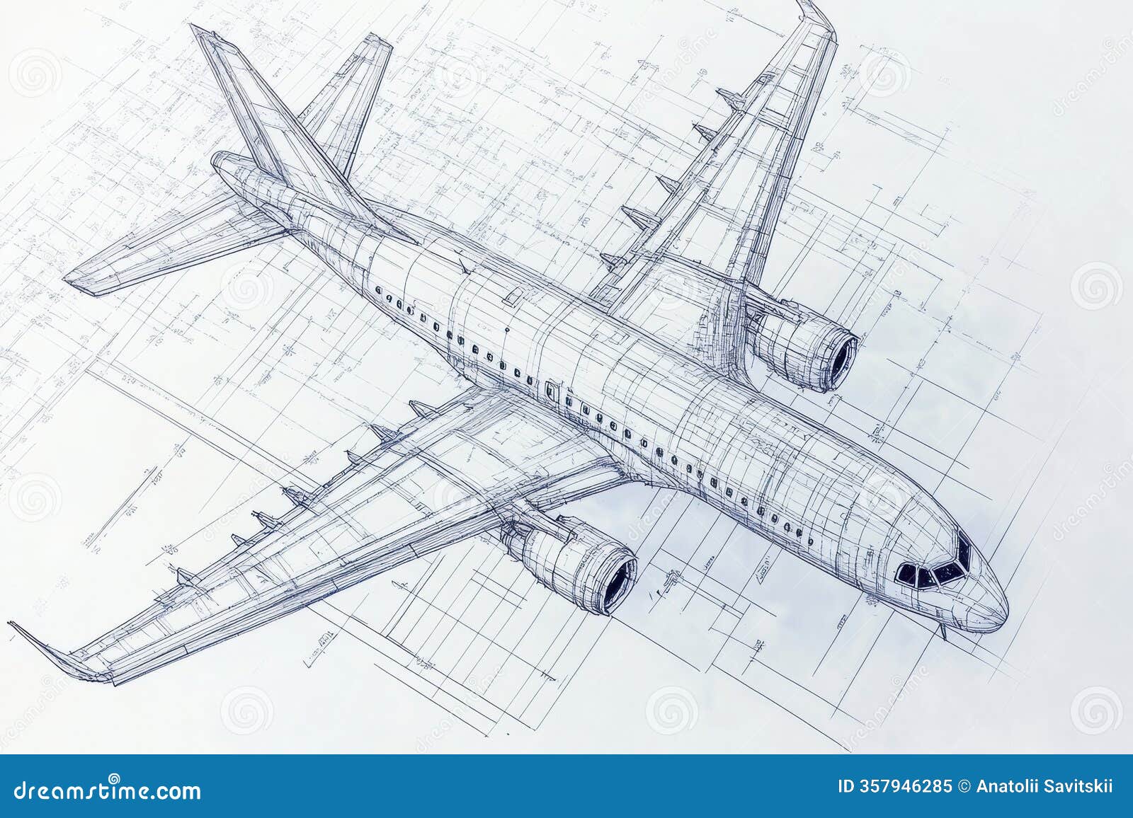 Technical Blueprints Showcasing Detailed Design of an Airplane with ...