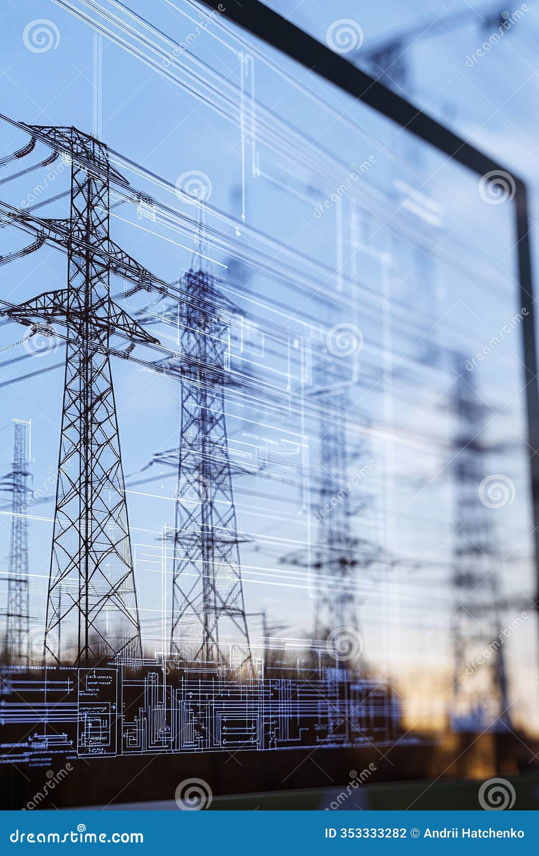 Technical CAD Rendering of High-voltage Transmission Lines Displayed on ...