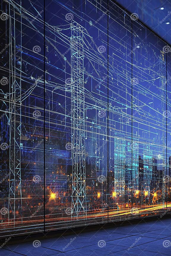 Technical CAD Rendering of High-voltage Transmission Lines Displayed on ...