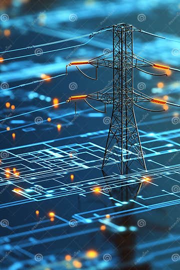 Technical Diagram of a Power Grid Control System Shown on a High-tech ...