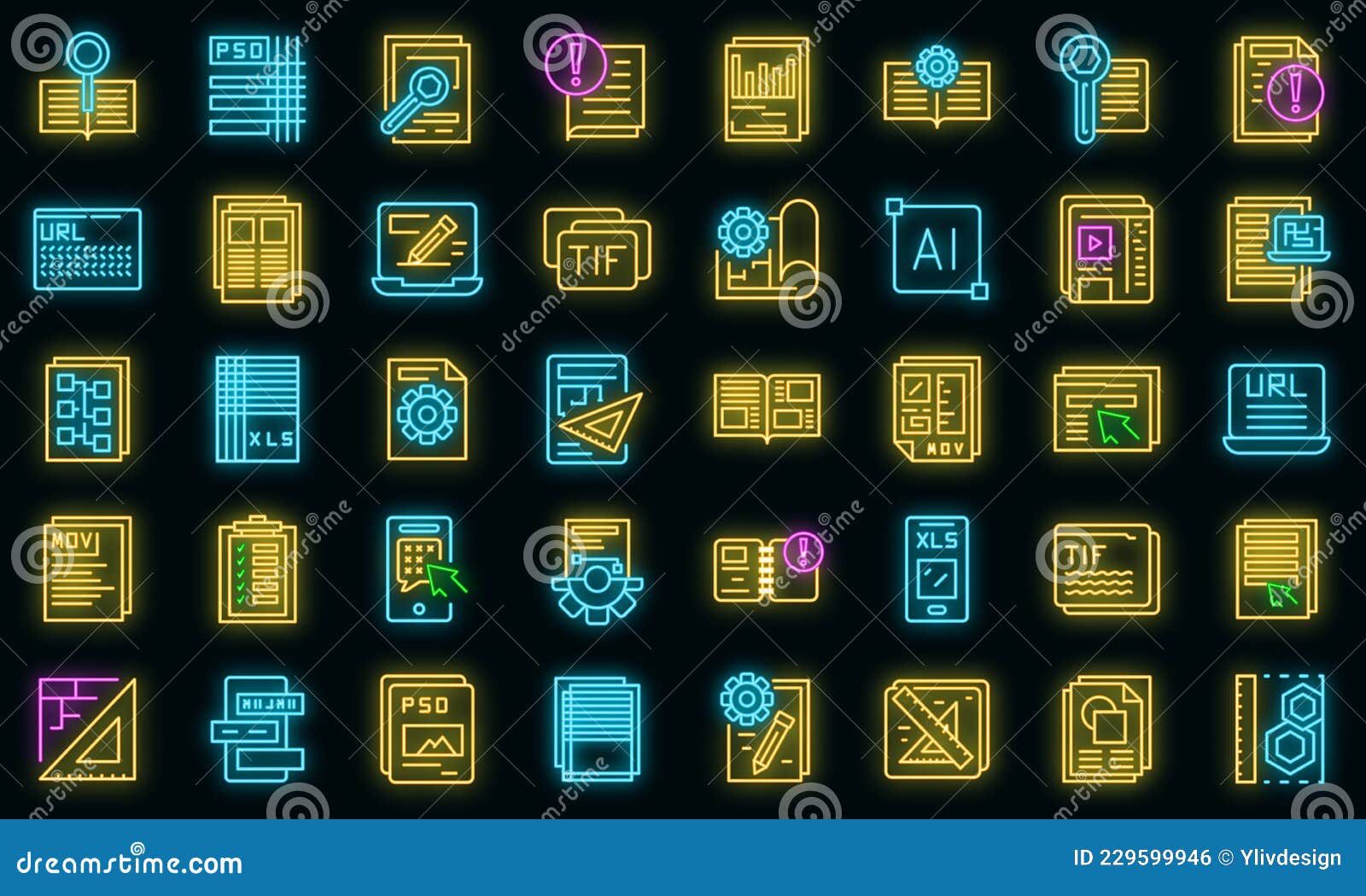 Technical Document Icons Set Vector Neon Stock Vector - Illustration of ...