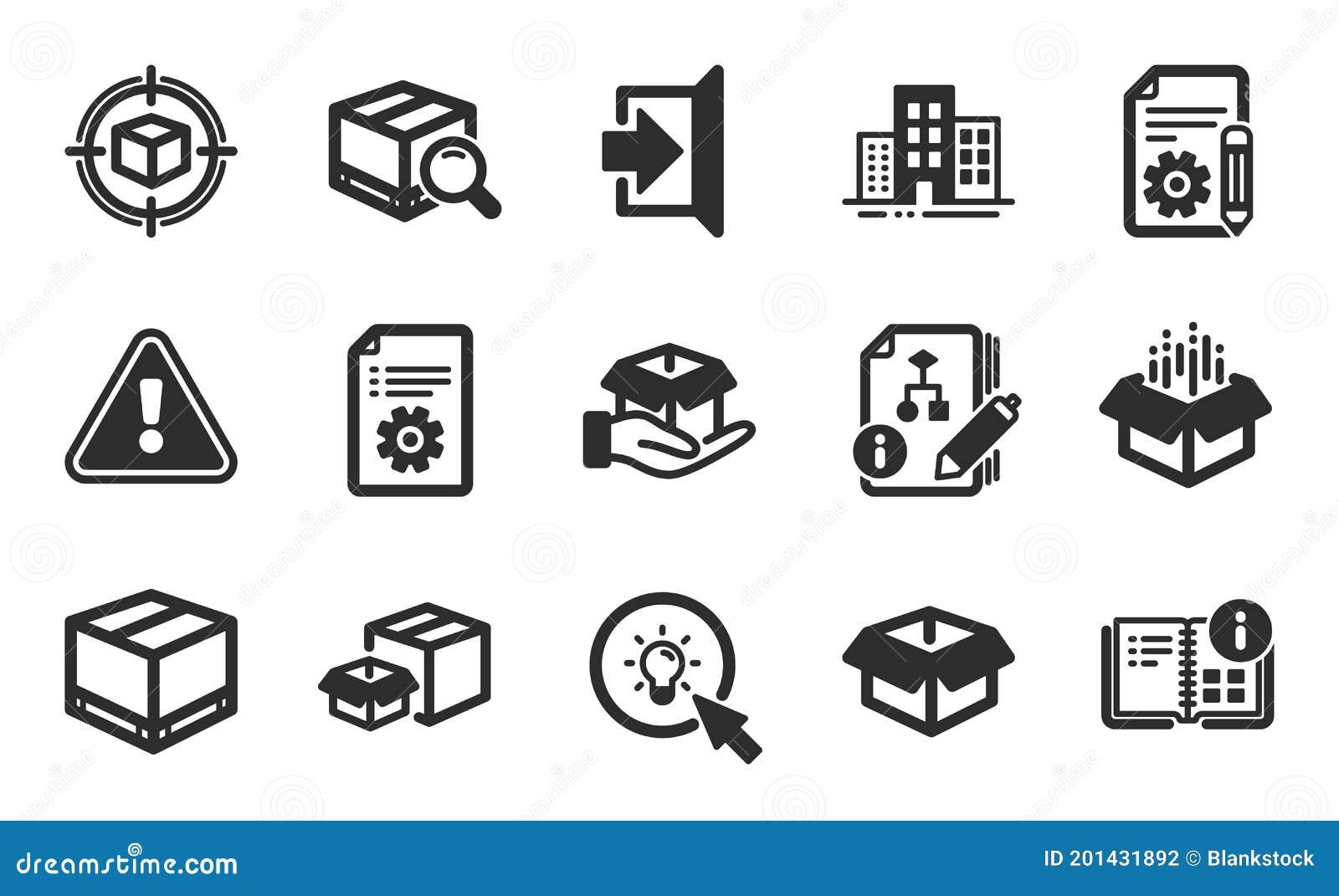 Technical Documentation, Search Package and Exit Icons Set. Algorithm, Documentation and Open ...