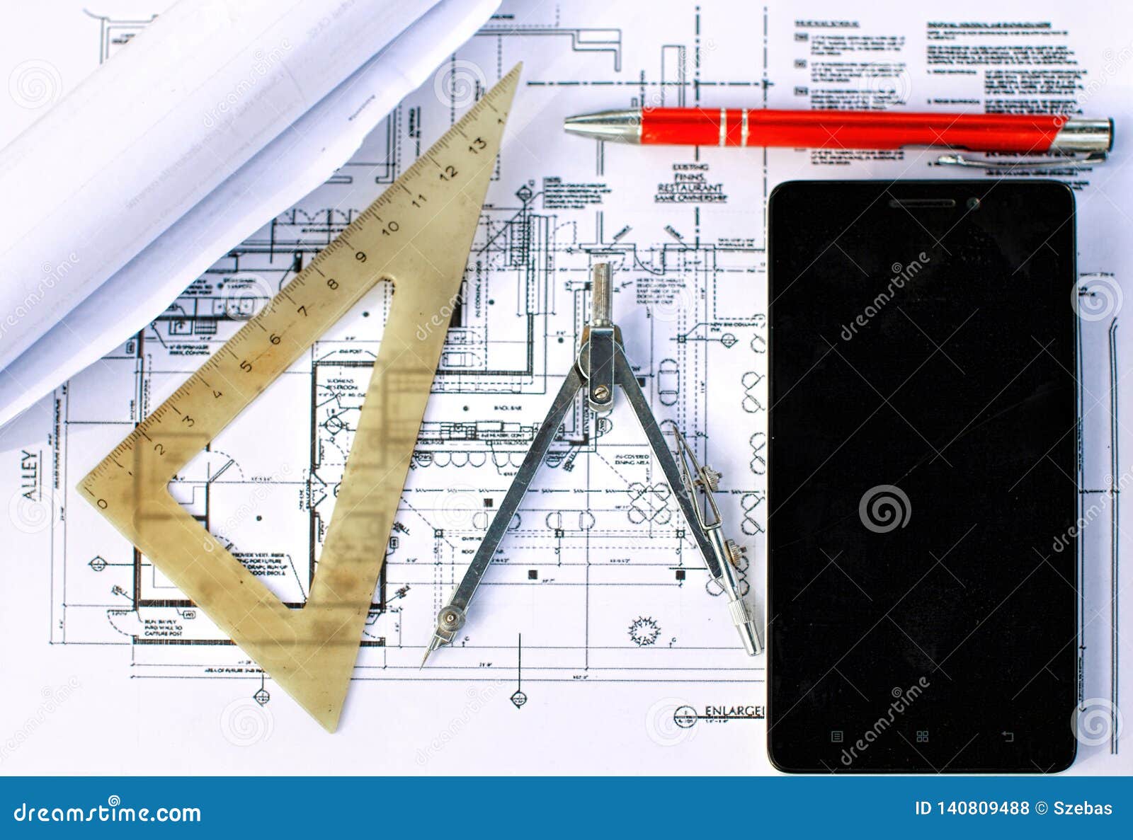 Technical Drawing Architectural Blueprint Stock Photo - Image of tablet ...