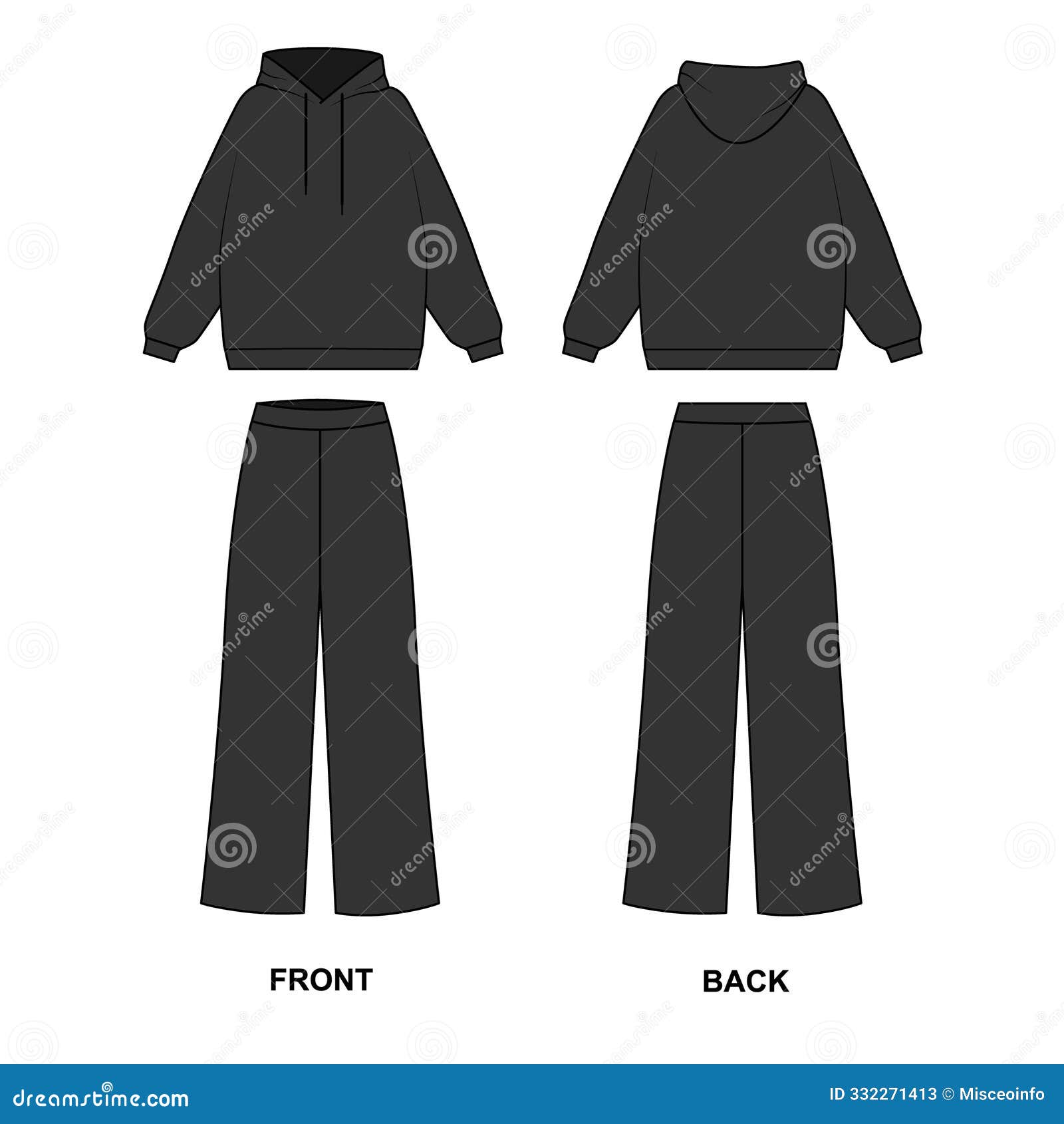 Technical Drawing of Black Color Tracksuit, Front and Back View, Vector ...
