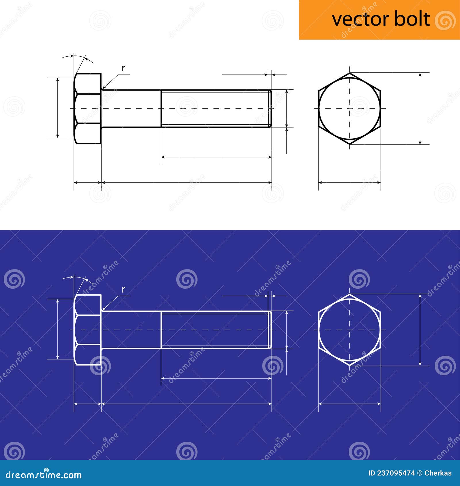 Technical Drawing of the Bolt in Projection Isolated on White and Blue ...