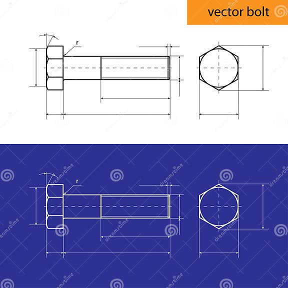 Technical Drawing of the Bolt in Projection Isolated on White and Blue ...
