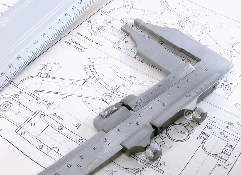 Technical Drawing with Caliber and Ruler Stock Image - Image of table ...